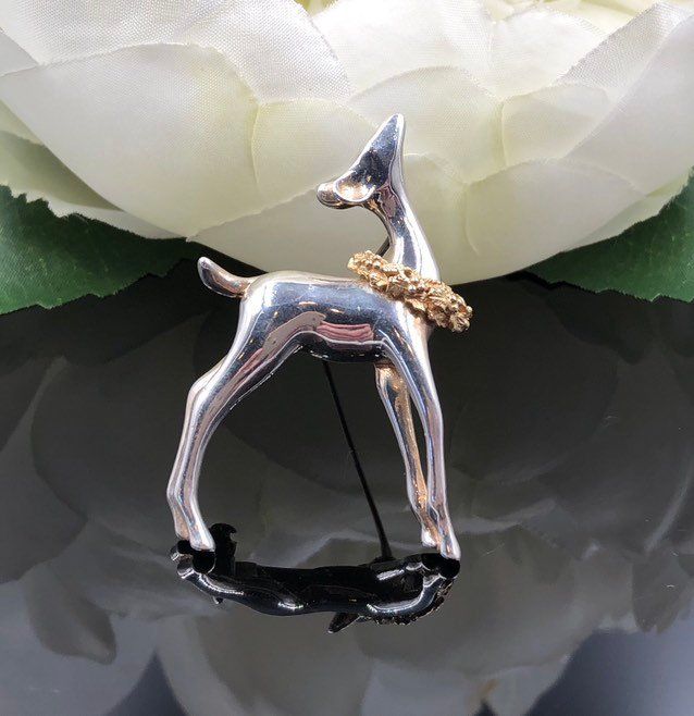 14K Sterling Silver Christmas Fawn Pin, Christmas Deer Pin