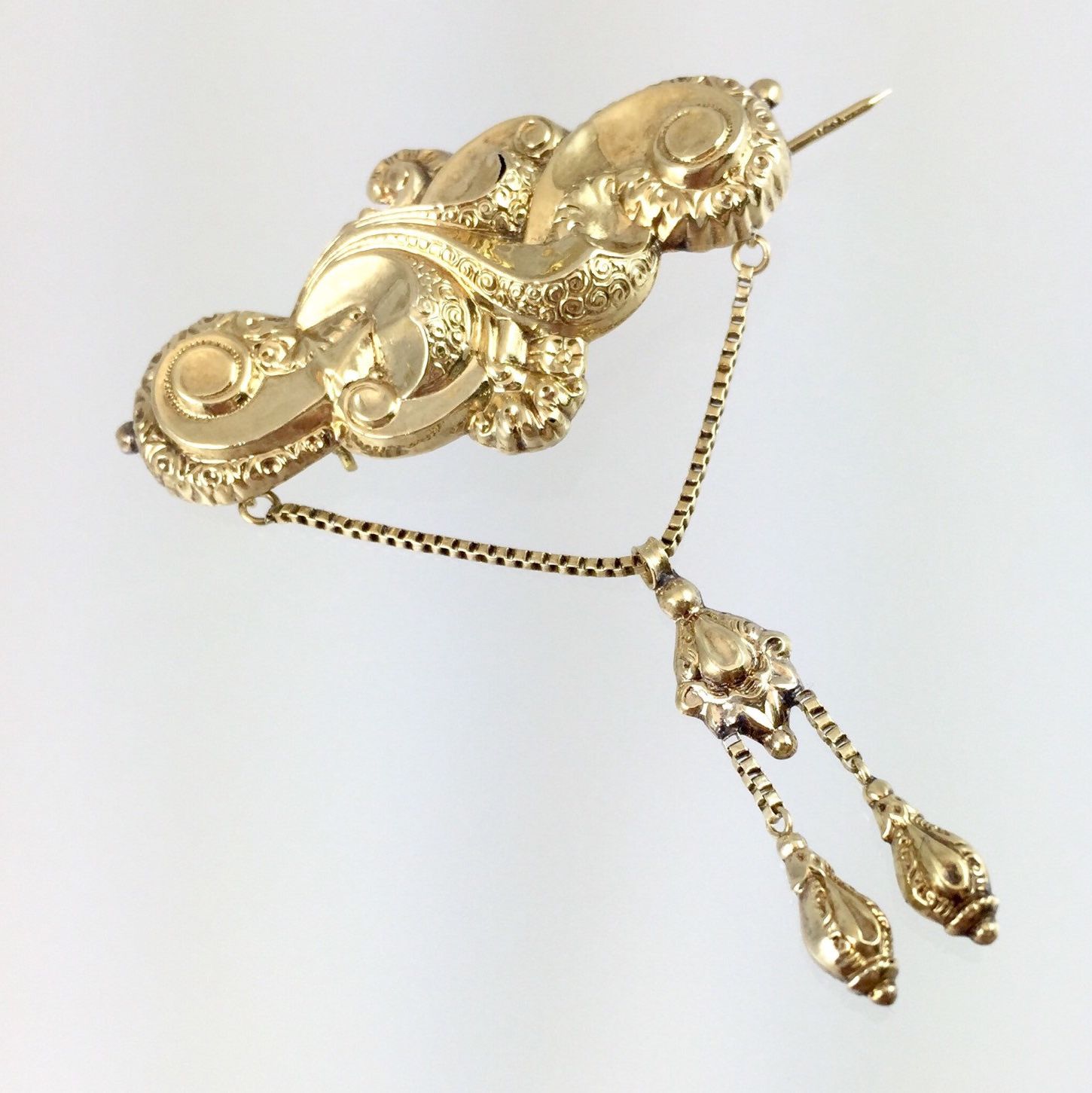 Antique 14K Rococo Revival Brooch with Dangles - Vintage 1850 Gold