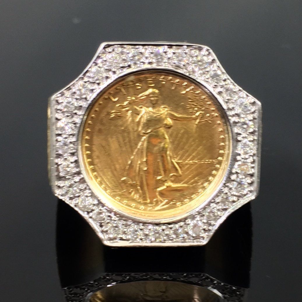 Men's 14K Gold Coin Diamond Ring - US 1986 Five Dollar Fine Gold Coin