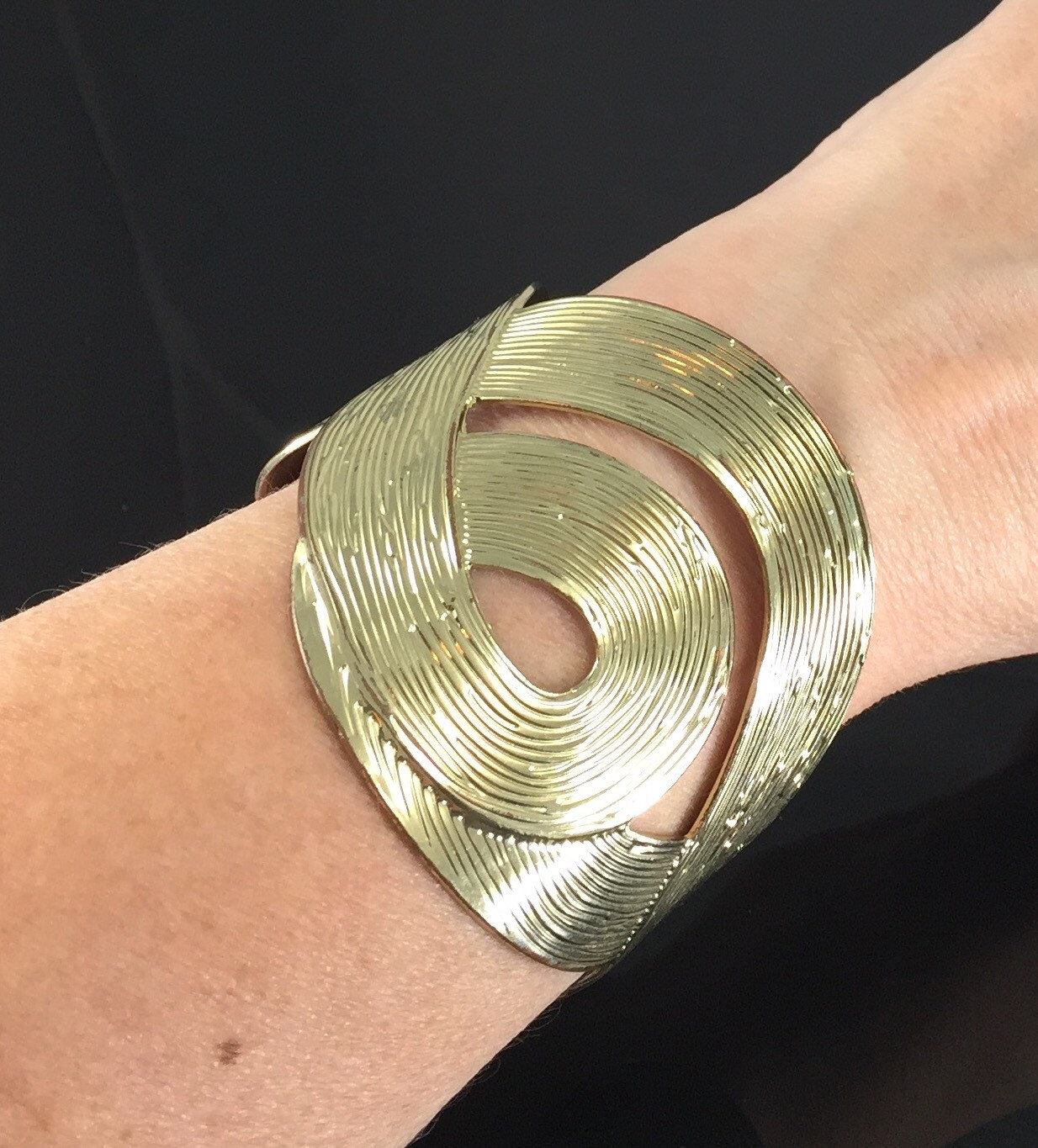 Wide Gold Statement Cuff Bracelet - Gold Swirled Cut Out Bold Cuff