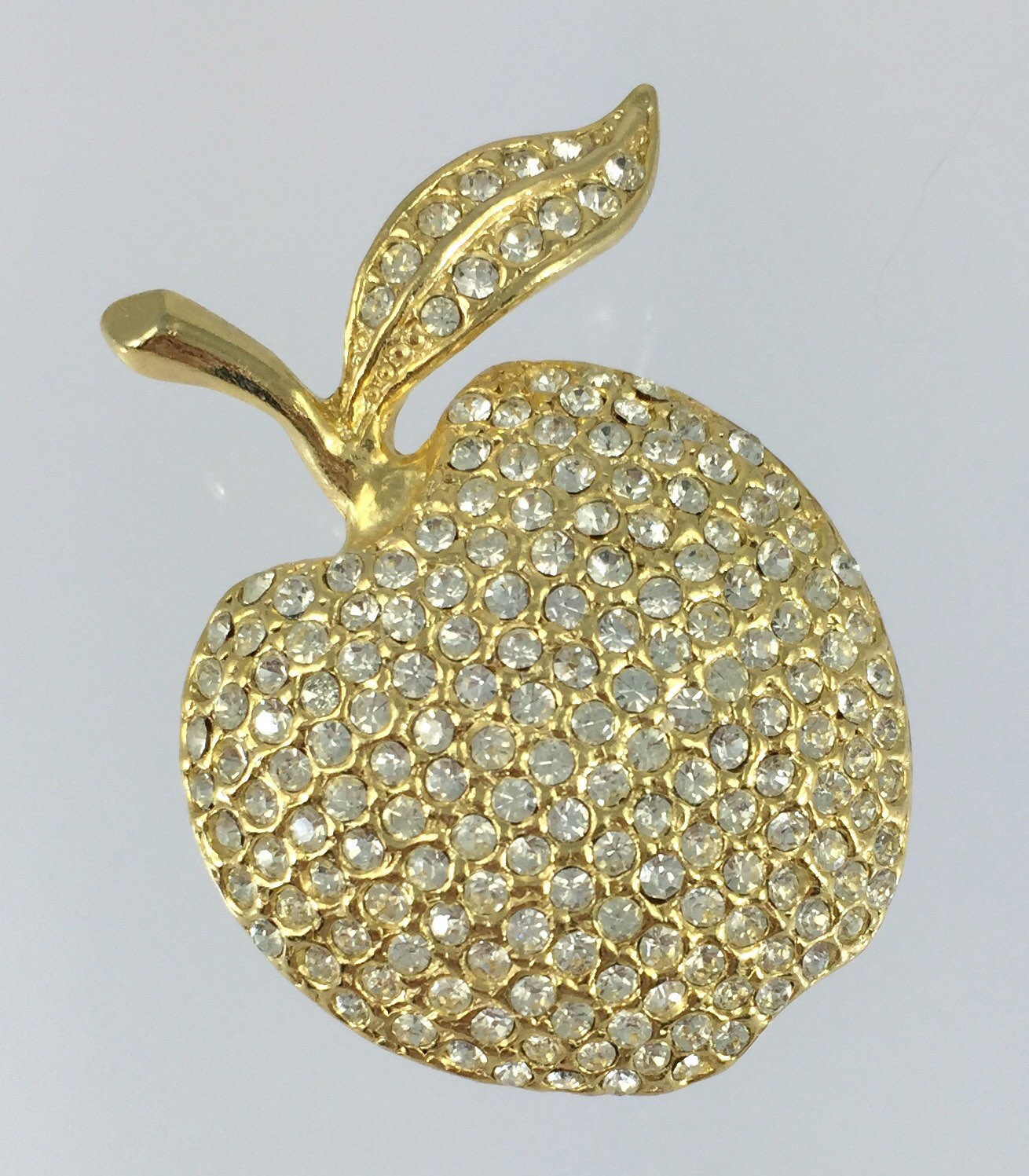 Large Crystal Apple Brooch - Gold Rhinestone Fruit