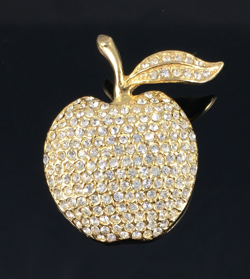 Large Crystal Apple Brooch - Gold Rhinestone Fruit