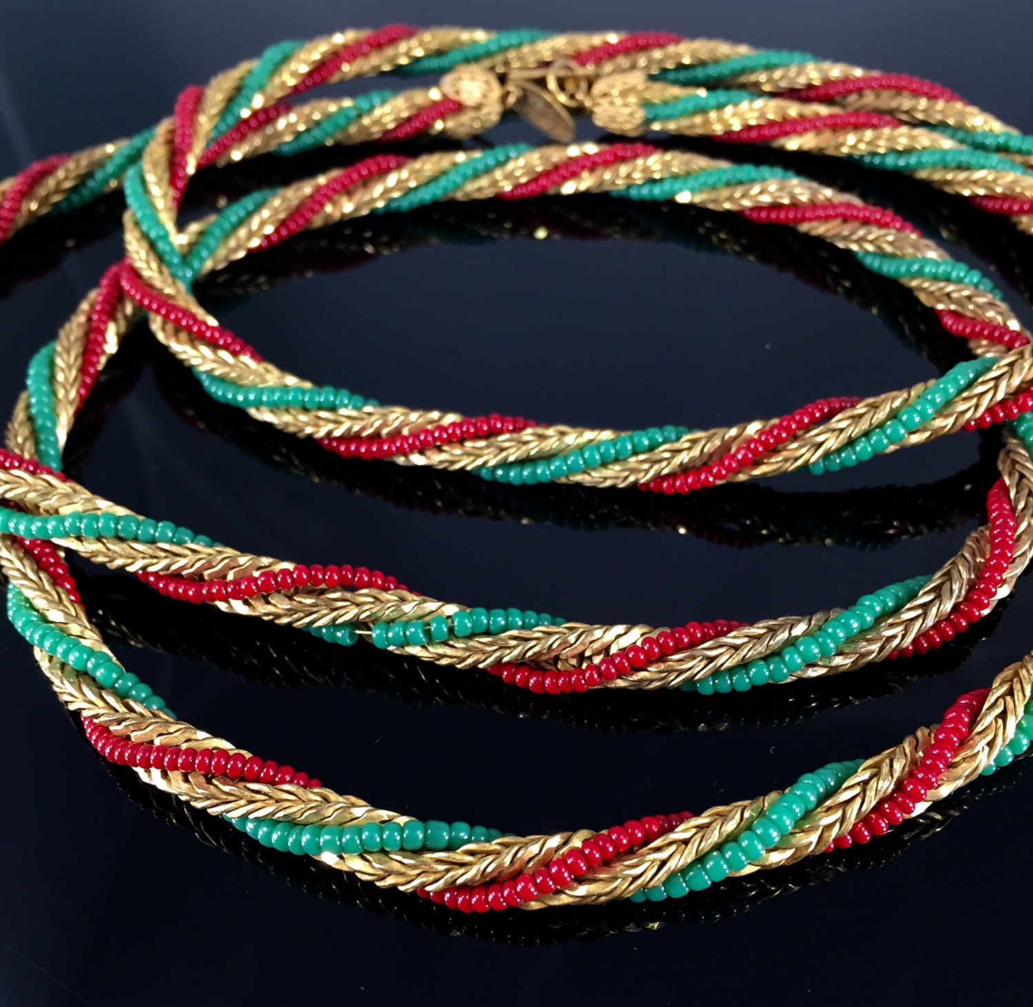 Miriam Haskell Red & Green Glass Bead Rope Necklace - Vintage