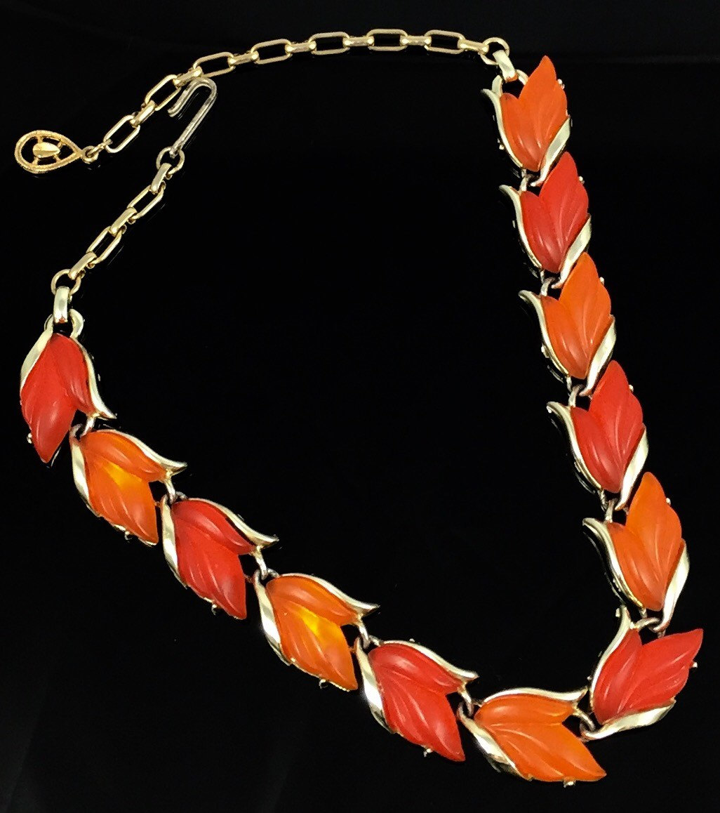 Pakula Orange & Reddish Orange Frosted Lucite Leaf Necklace
