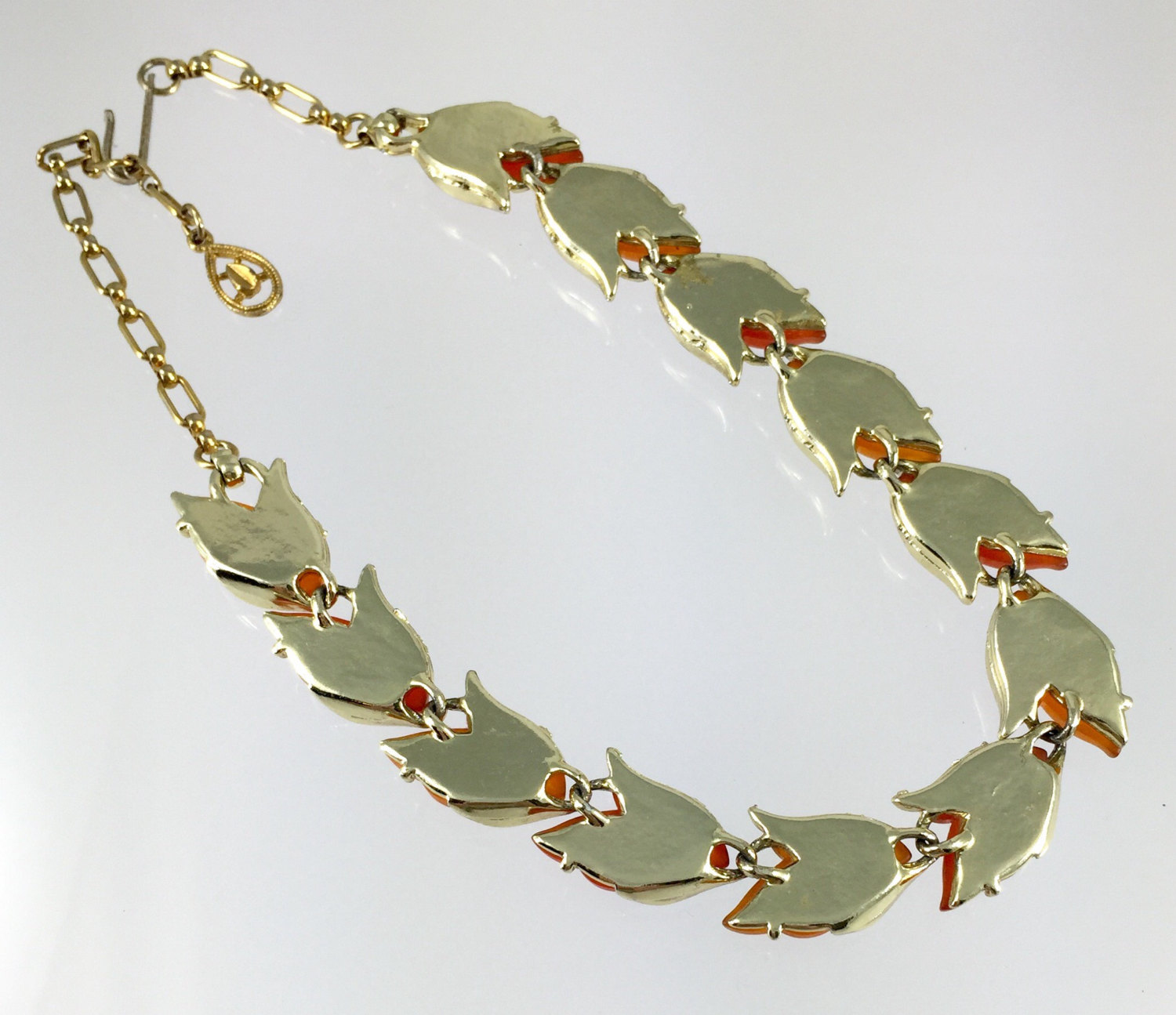 Pakula Orange & Reddish Orange Frosted Lucite Leaf Necklace