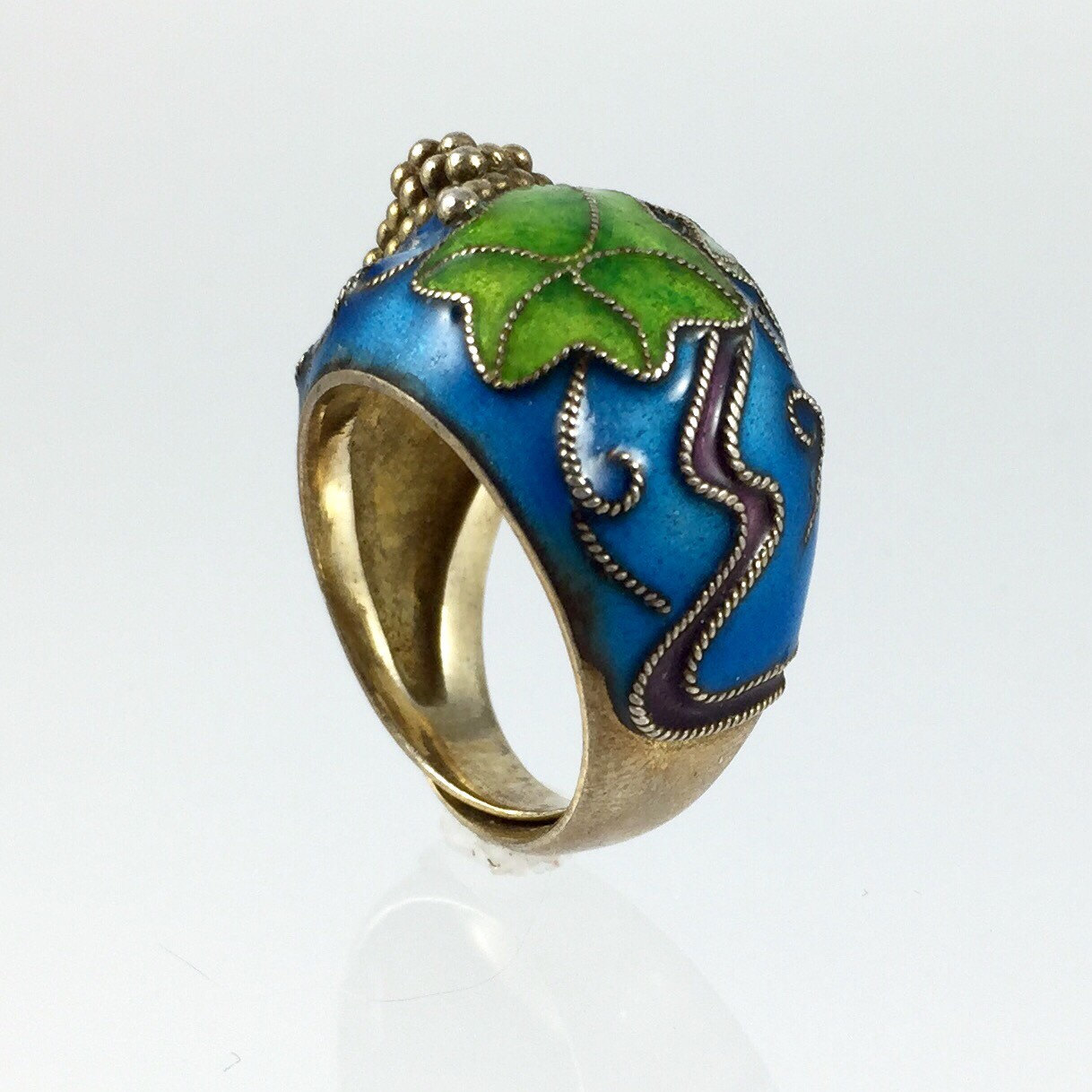 Old Chinese Export Silver Vermeil Cloisonne Enamel Ring - 1930s Size 5.25