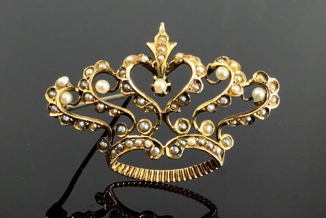 Victorian 14K Pearl Crown Brooch - 1890s Queen Victoria Jubilee Crown