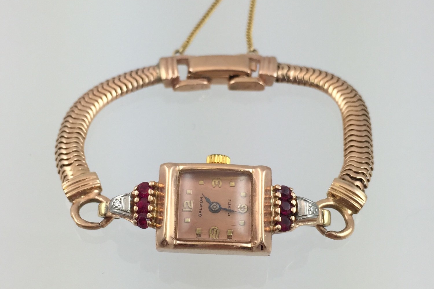 Retro Moderne 14K Rose Gold Ruby Ladies Wrist Watch - Vintage 1940s