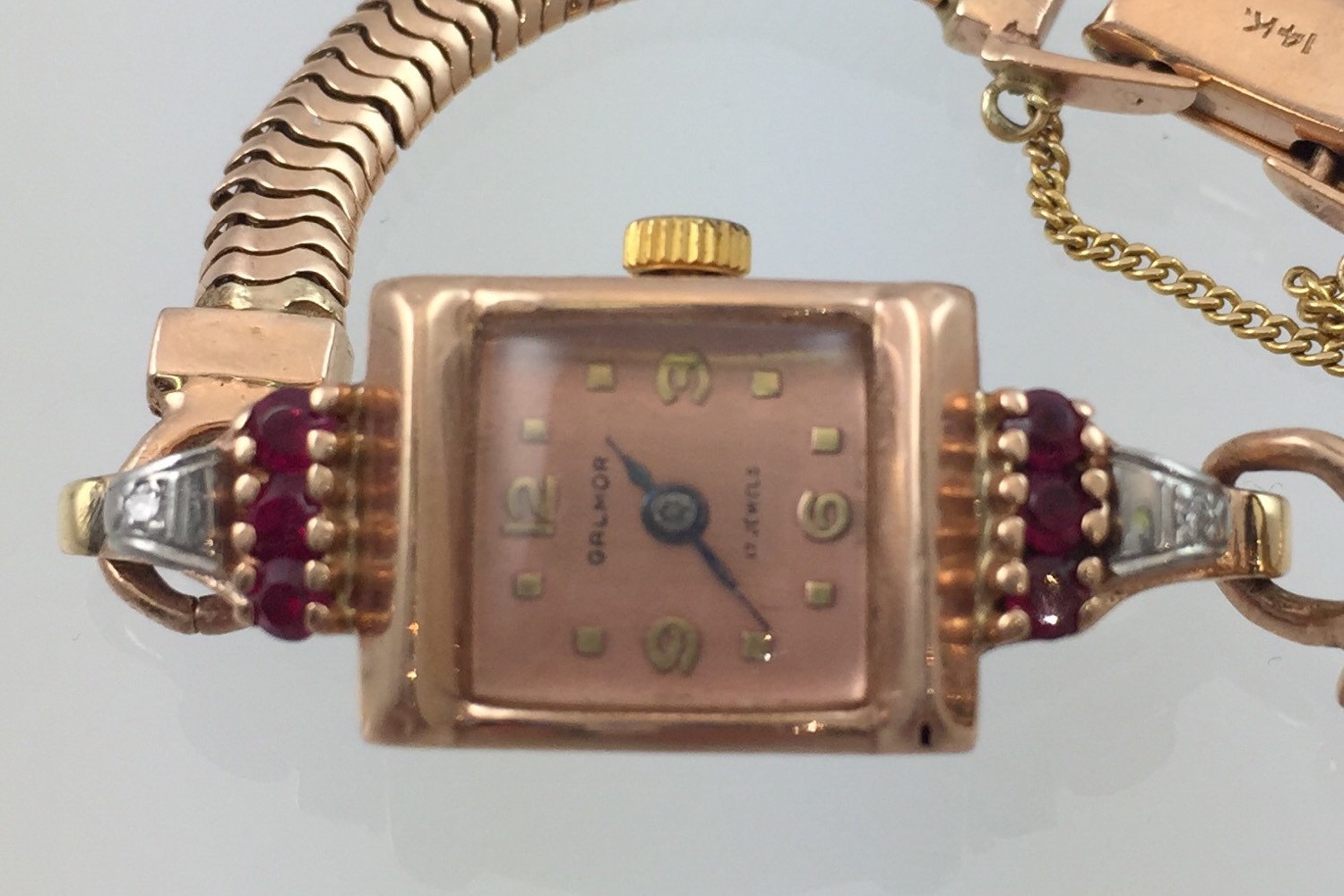 Retro Moderne 14K Rose Gold Ruby Ladies Wrist Watch - Vintage 1940s